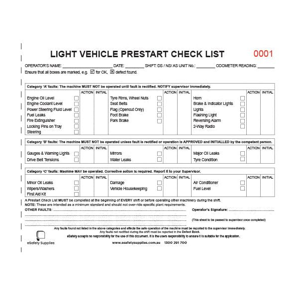 Light Vehicle Prestart Checklist Books – eSafety Supplies