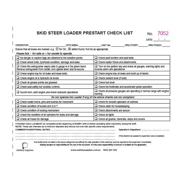 Skid Steer Prestart Checklist Book