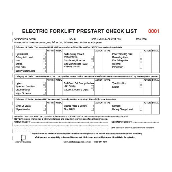 Electric Forklift Prestart Checklist Book – eSafety Supplies