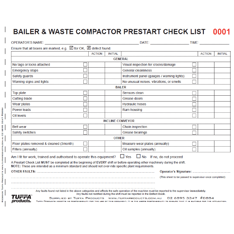Bailer&Waste Compactor Prestart Checklist - eSafety Supplies