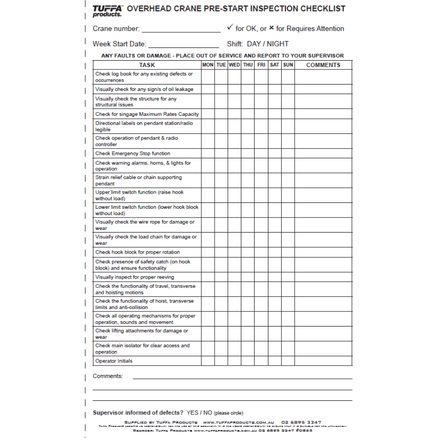 Overhead Crane Prestart Checklist Books