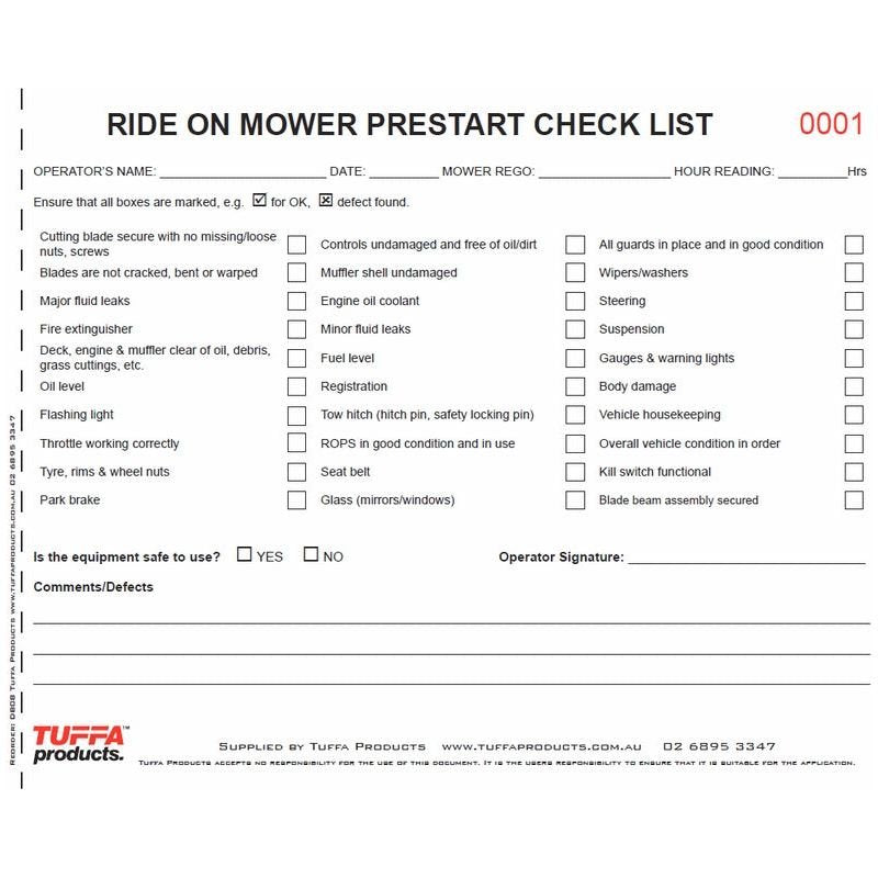 Ride on Mower Prestart Checklist Book