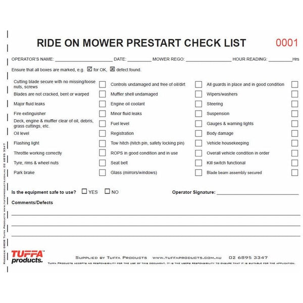 Ride on Mower Prestart Checklist Book – eSafety Supplies