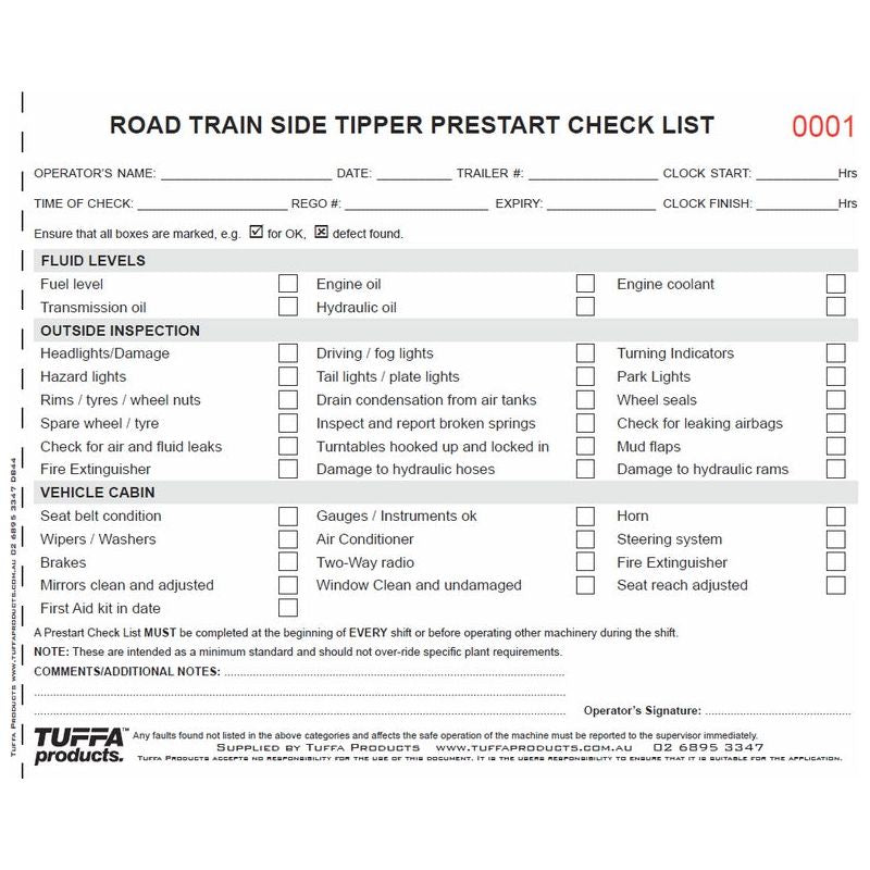 Road Train Tipper Prestart Checklist Books- eSafety Supplies