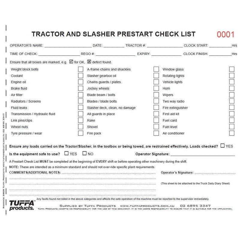 Tractor & Slasher Prestart Checklist Books- eSafety Supplies
