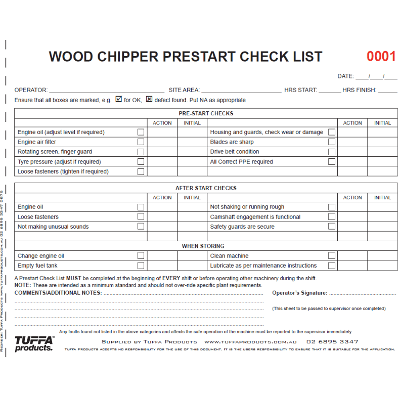 Wood Chipper Prestart Checklist Books